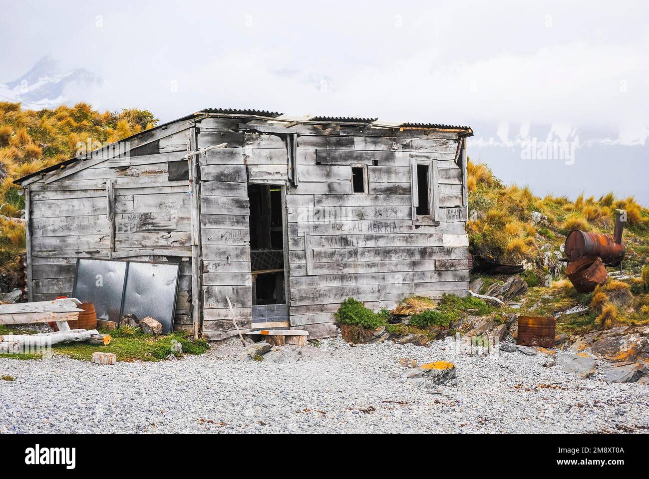 Wooden shack with sheet roof and no door in Ushuaia, Tierra del Fuego ...