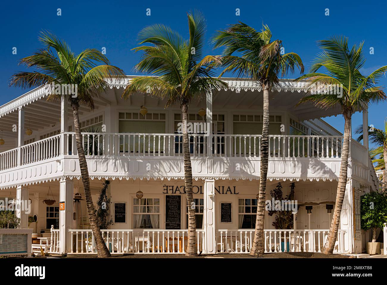 Colonial style restaurant in Puerto Calero, Lanzarote, Canary Islands ...