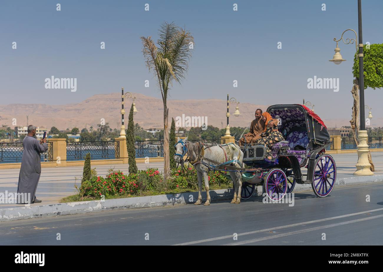 Horse-drawn carriage, tourists, Corniche waterfront, Luxor, Egypt Stock ...