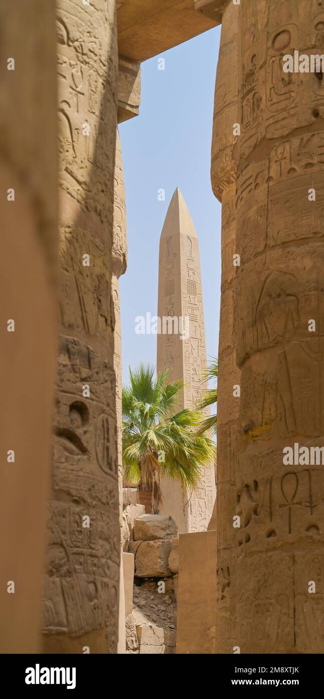 Obelisk, columns, large hypostyle hall, Temple of Amun-Re, Karnak ...