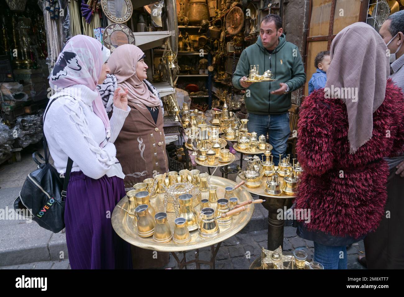 Business, Women, Shopping, Tea set, Brass, Khan el-Khalili Bazaar, Old City, Cairo, Egypt Stock ...