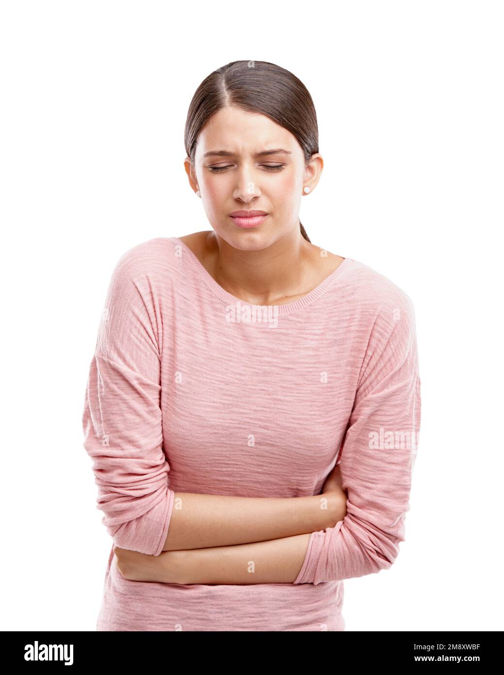 Studio, constipation and woman stomach pain, sick or digestion problem ...