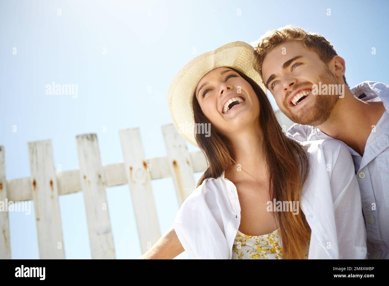 Love, laugh and blue sky mockup with a couple on a date outdoor for ...
