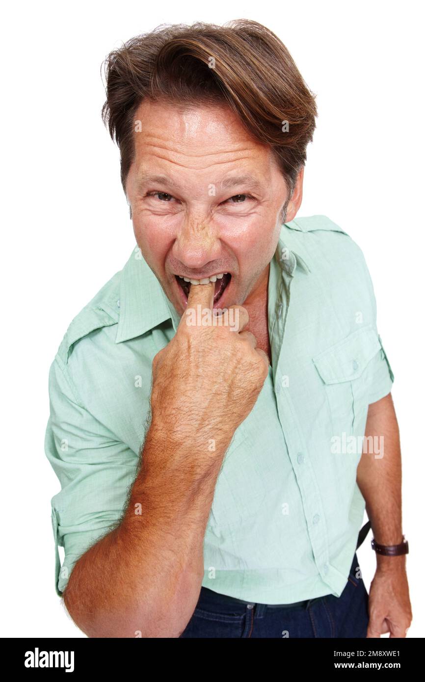 Portrait, gross and nausea with a man model in studio isolated on a ...