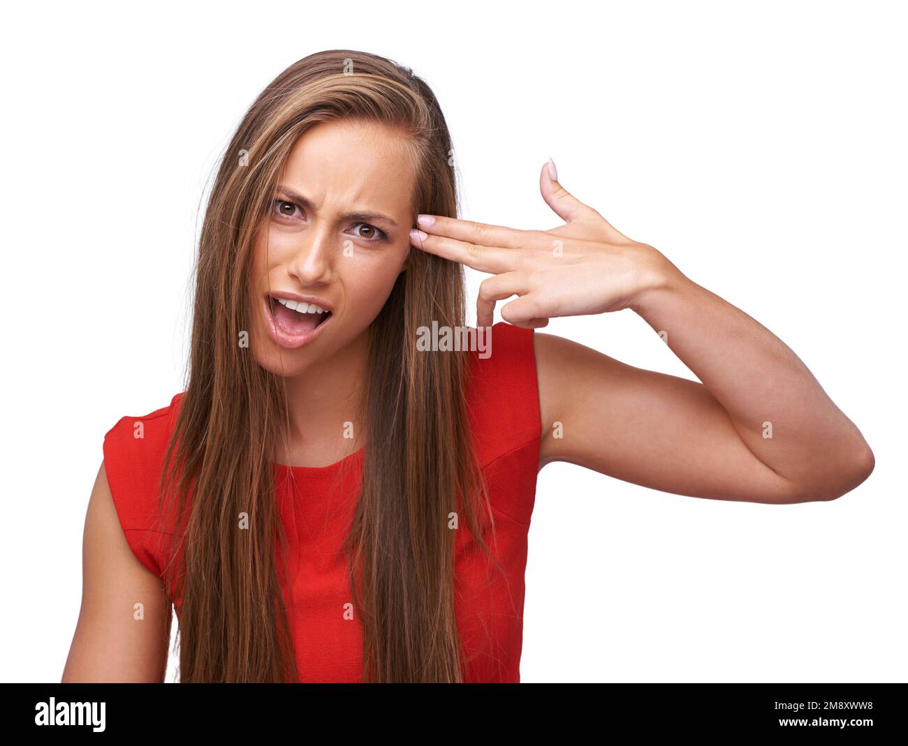 Woman, studio portrait and gun hand to head with anger, crazy and ...