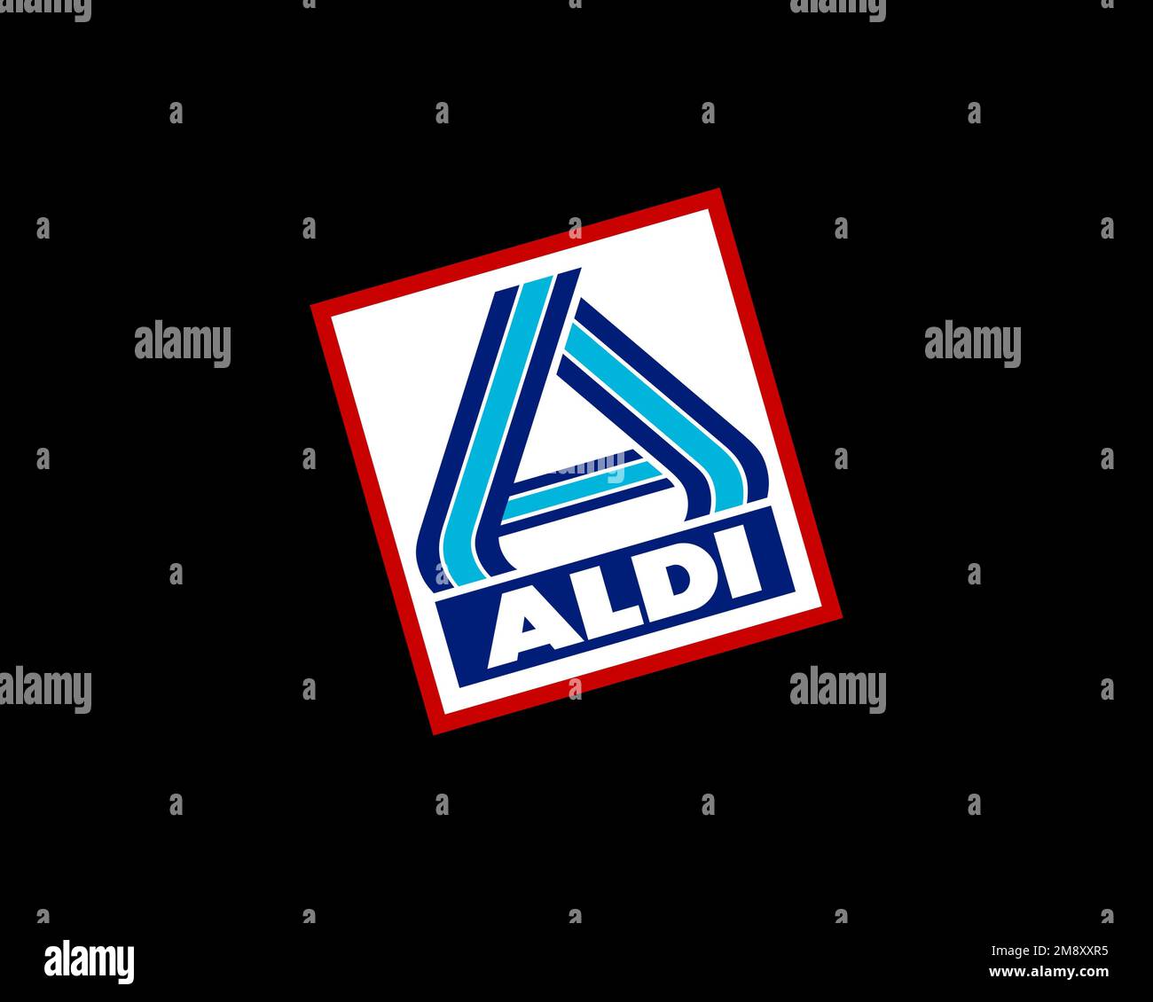 Aldi, rotated logo, black background Stock Photo - Alamy