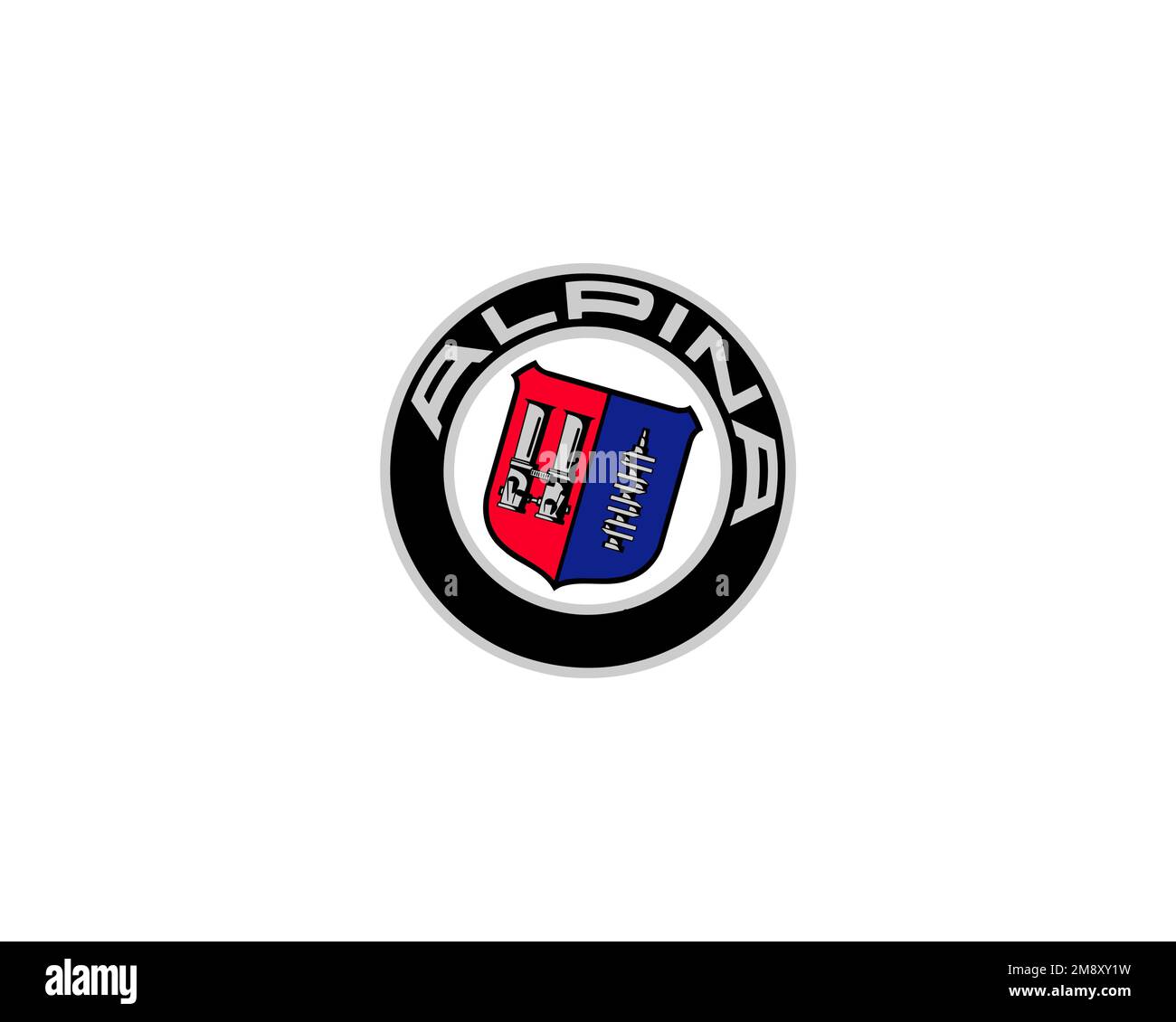 Alpina, rotated logo, white background B Stock Photo - Alamy
