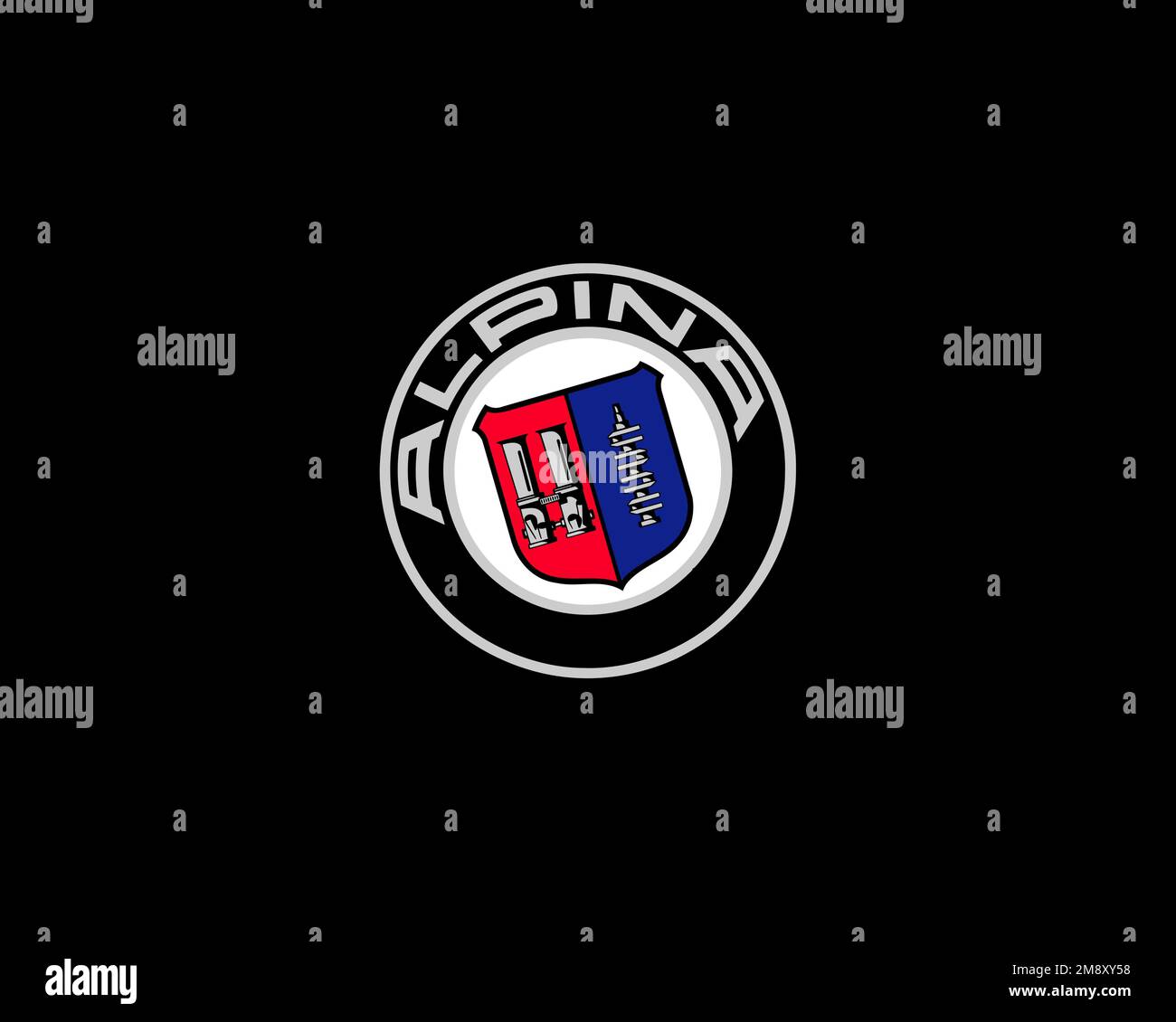 Alpina, rotated logo, black background Stock Photo - Alamy
