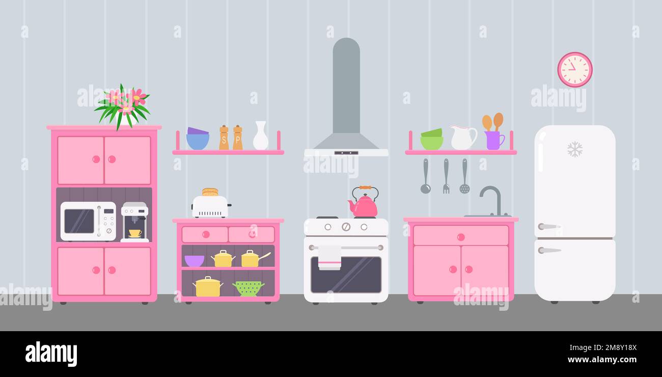 Pink kitchen with utensils and kitchen appliances. Doll house interior ...