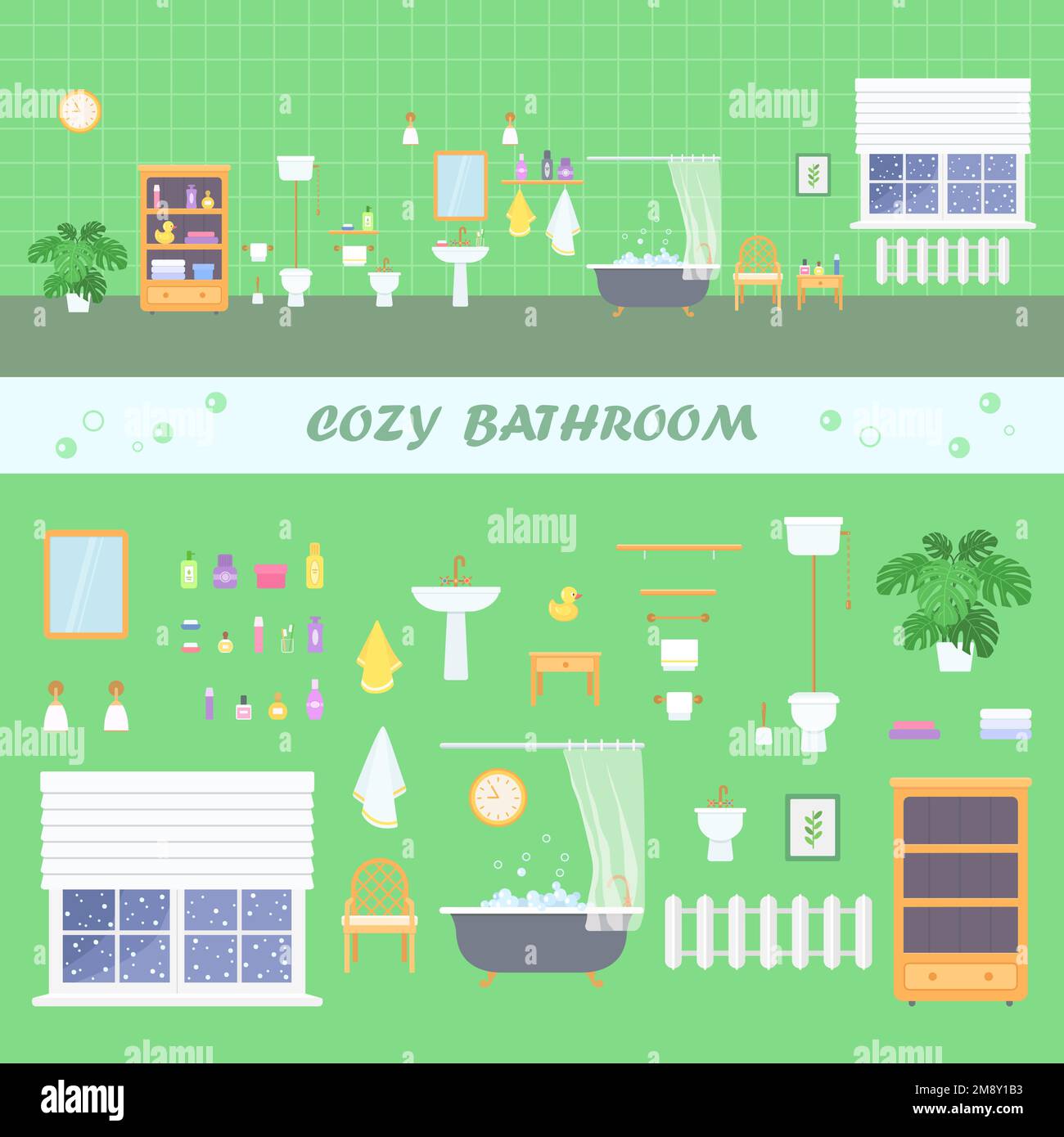 Clipart bathroom interior with retro bathtub, toilet bowl, bidet, sink ...