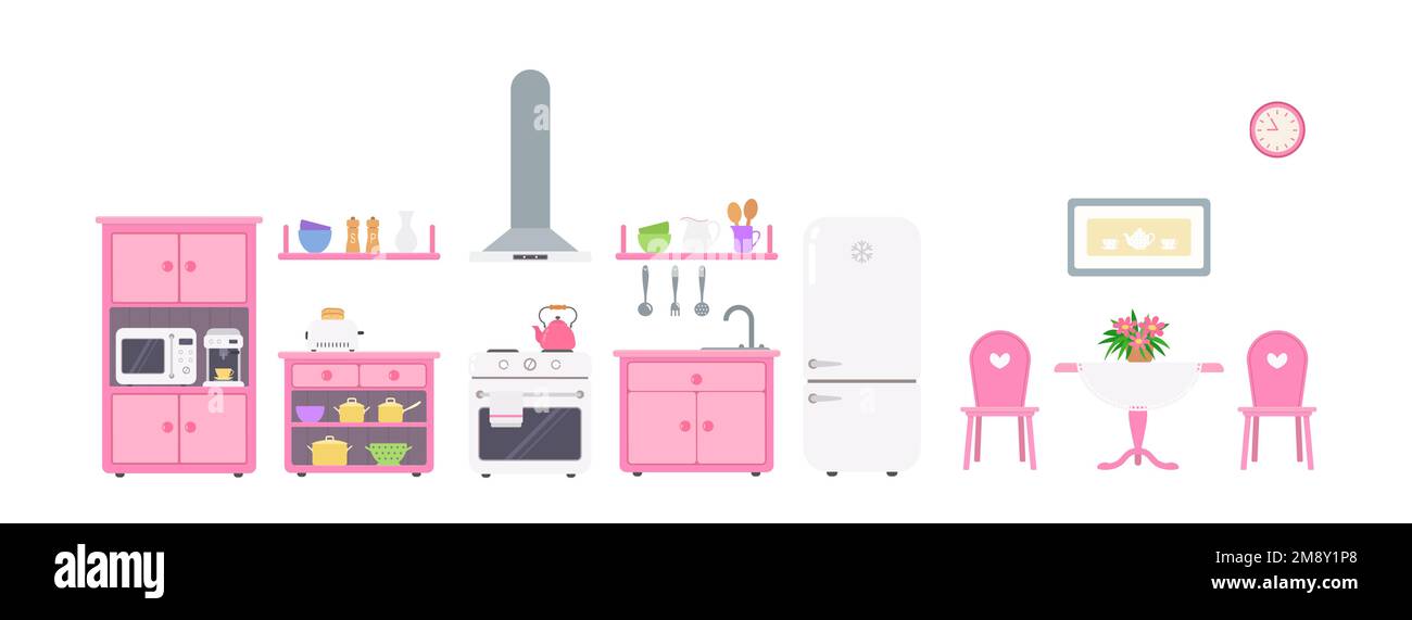 Pink kitchen with utensils, kitchen appliances and dining table on ...
