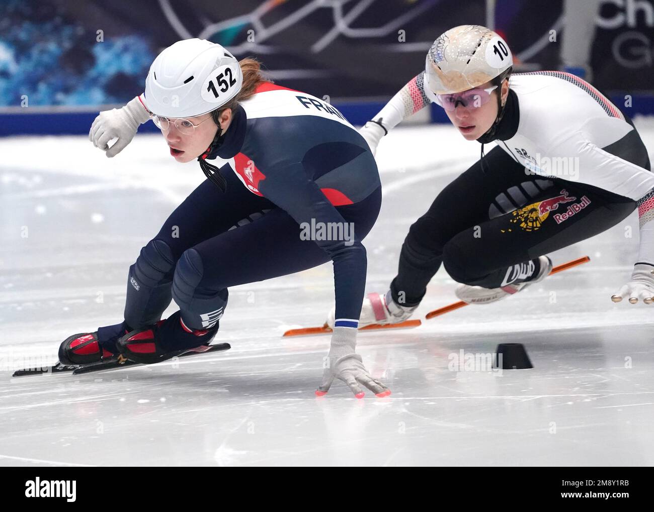 Berince Comby (FRA) and Anna Seidel (GER) on 500m heats woman during ISU European Championships ...