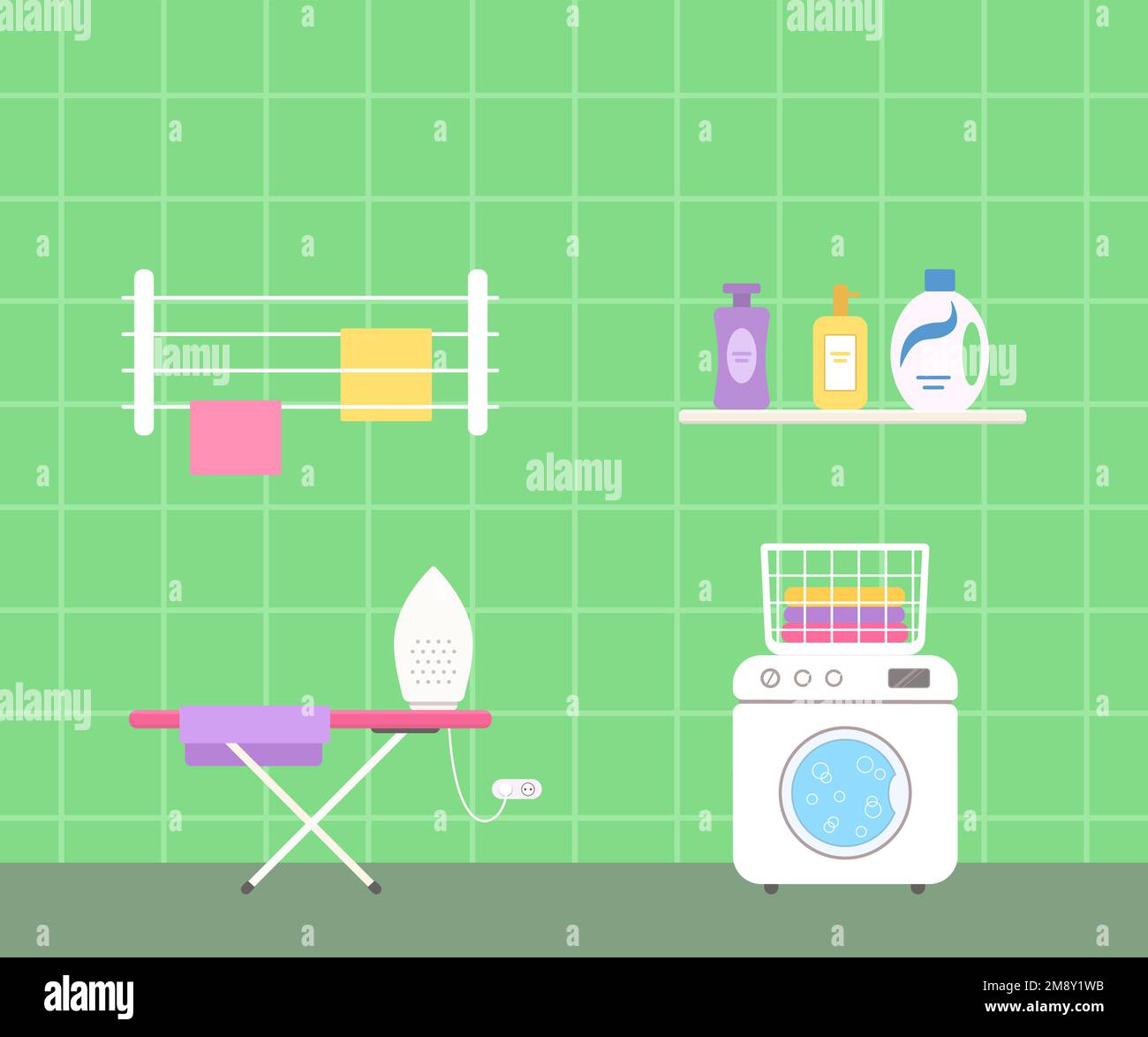 Laundry room with washing machine, ironing board and iron on green ...