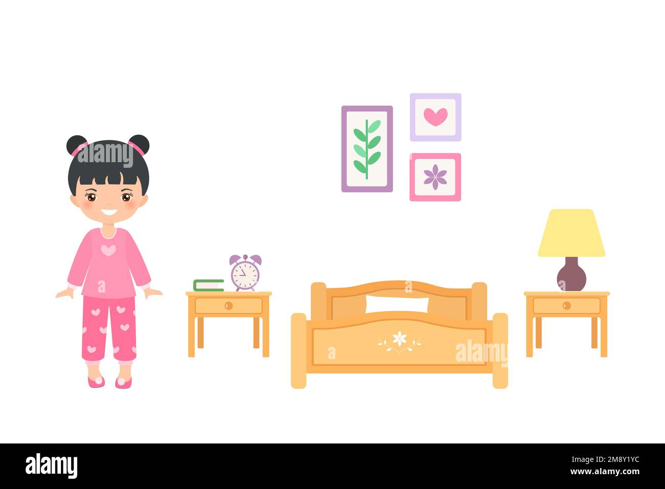 Cute Chinese chibi girl dressed in pajamas in bedroom Stock Vector ...