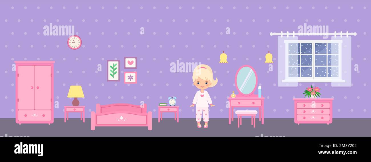Cute chibi girl character in bedroom with pink furniture on purple ...