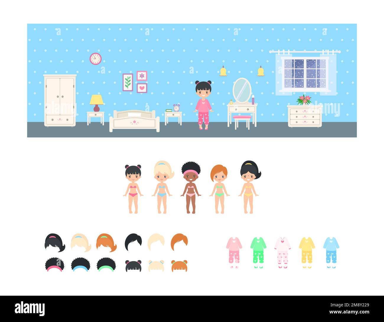 Chinese chibi girl dressed in pajamas in bedroom Stock Vector Image ...