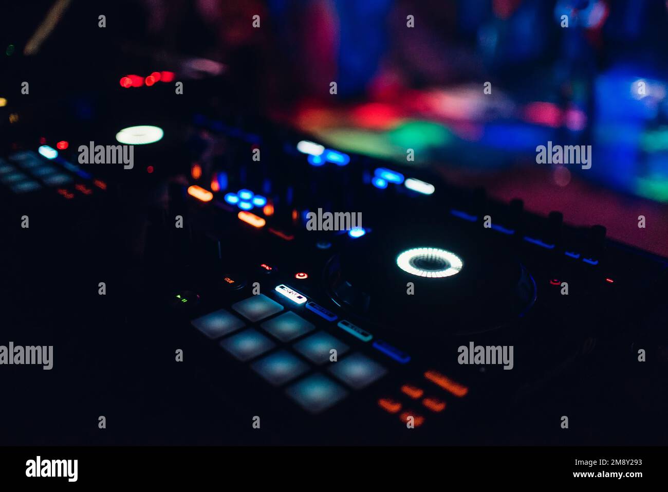 DJ controller panel on for professional music and sound mixing Stock ...