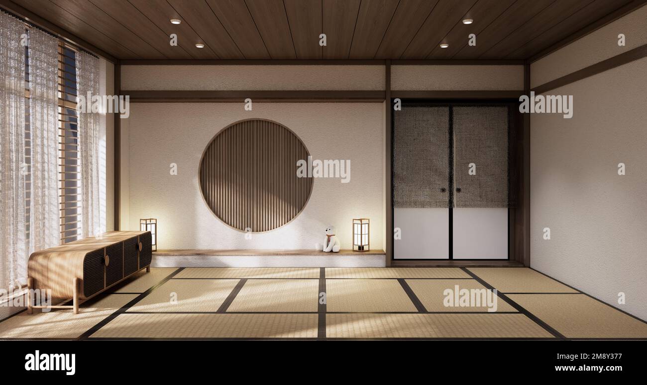 Cabinet wooden japandi design on living room muji style empty wall ...