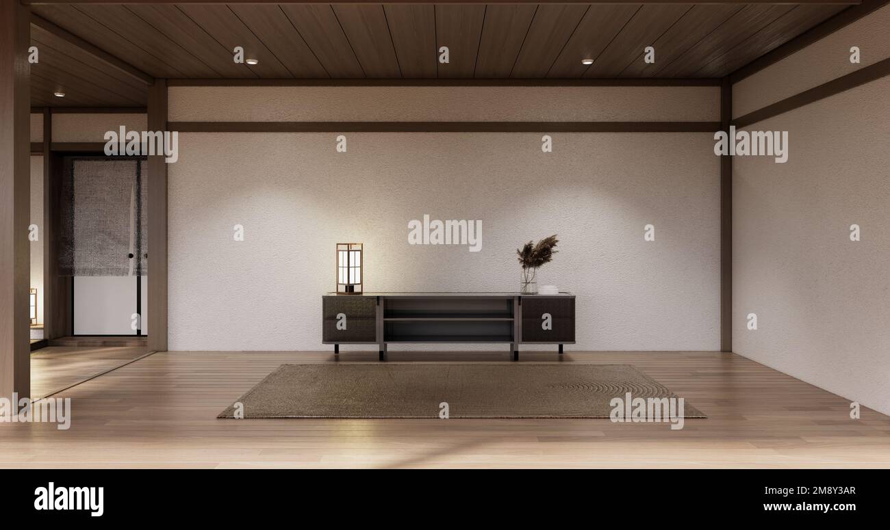 Cabinet wooden japandi design on living room muji style empty wall ...