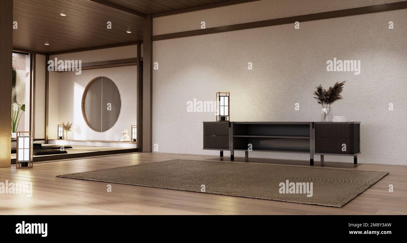 Cabinet wooden japandi design on living room muji style empty wall ...
