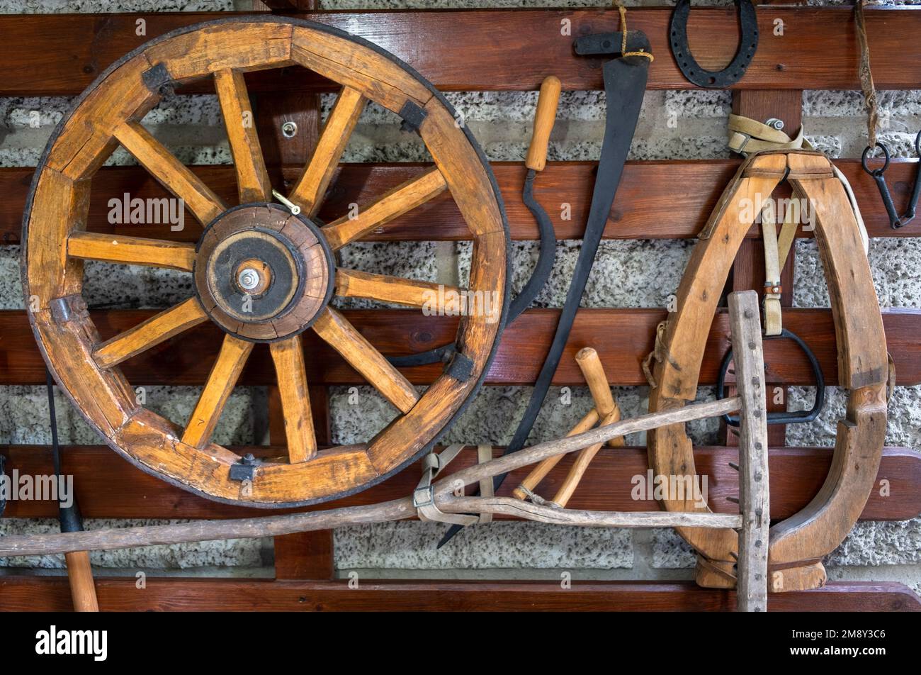 Old farming tools. Agriculture equipment retro collection Stock Photo - Alamy