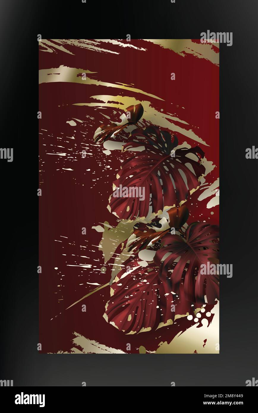 Tropical gold maroon monstera leaf, on dark red background vector ...