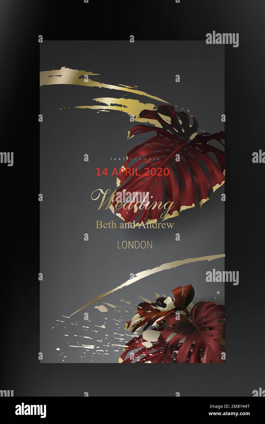 Tropical gold maroon monstera leaves on black dark background vector ...