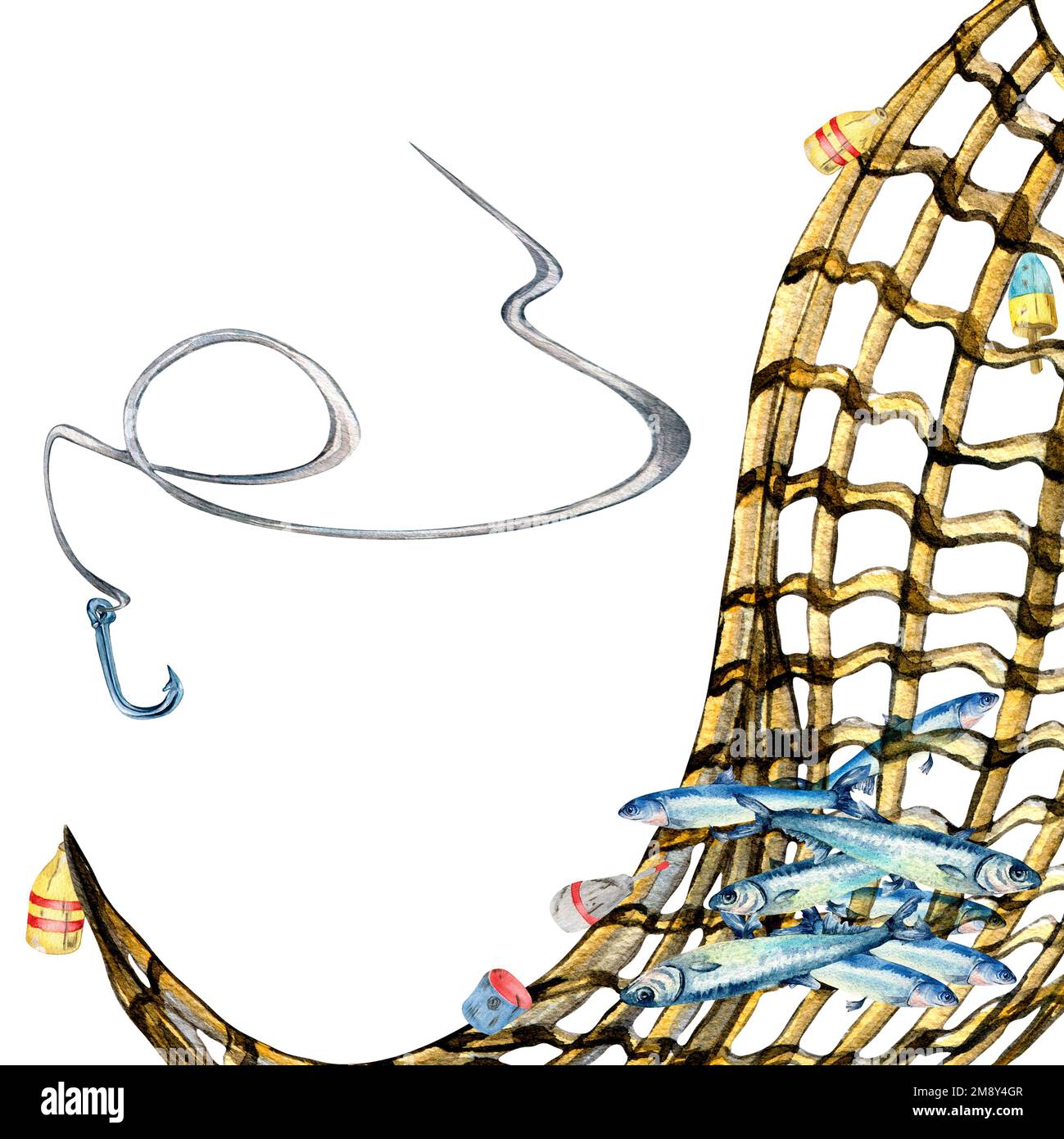 Composition of anchovies and fishnet watercolor illustration isolated ...