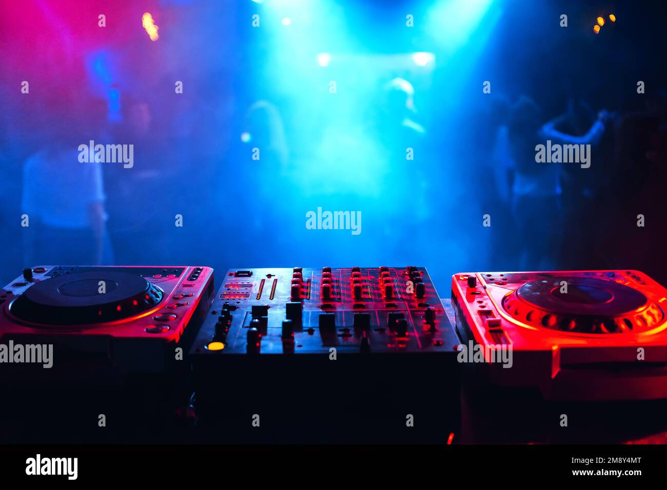 soundboard DJ console in the booth for mixing electronic music at a ...