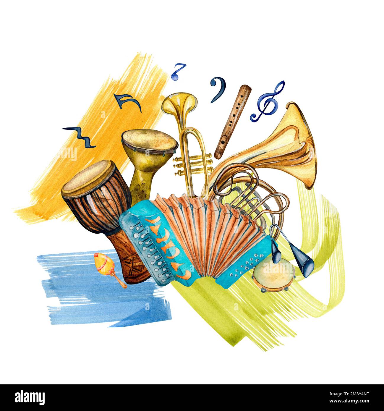 Jazz musical instruments and stroke of paints watercolor illustration ...