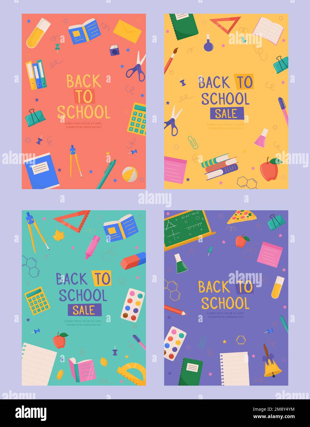 Set of back to school cardd with colorful school supplies. Colorful ...