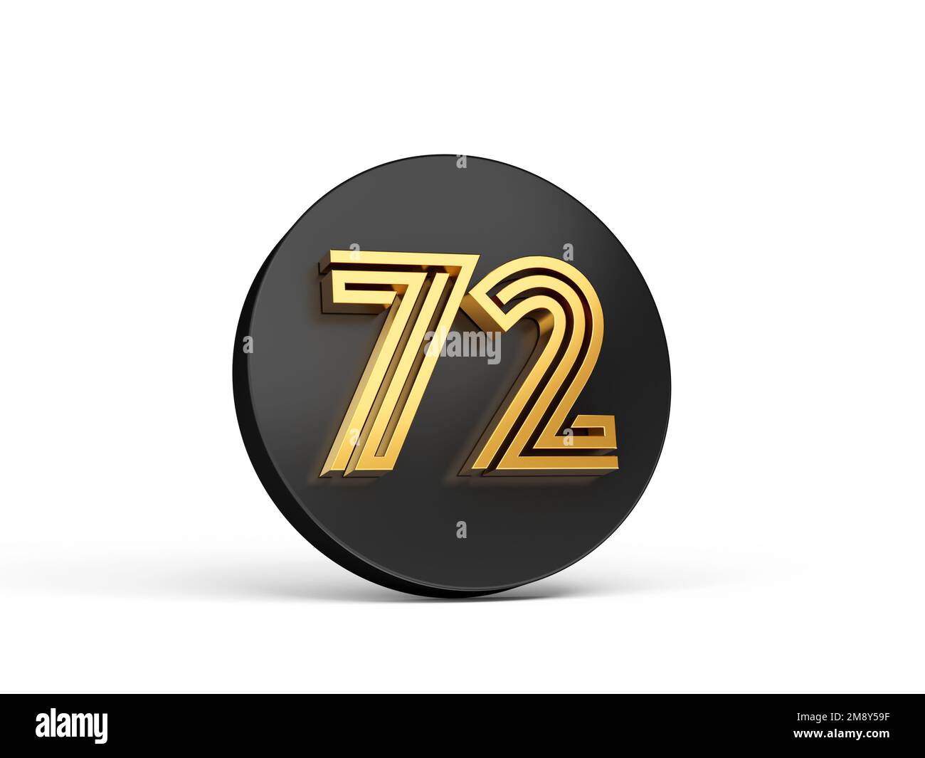 A 3D illustration of the number 72 written in gold on a black circle ...