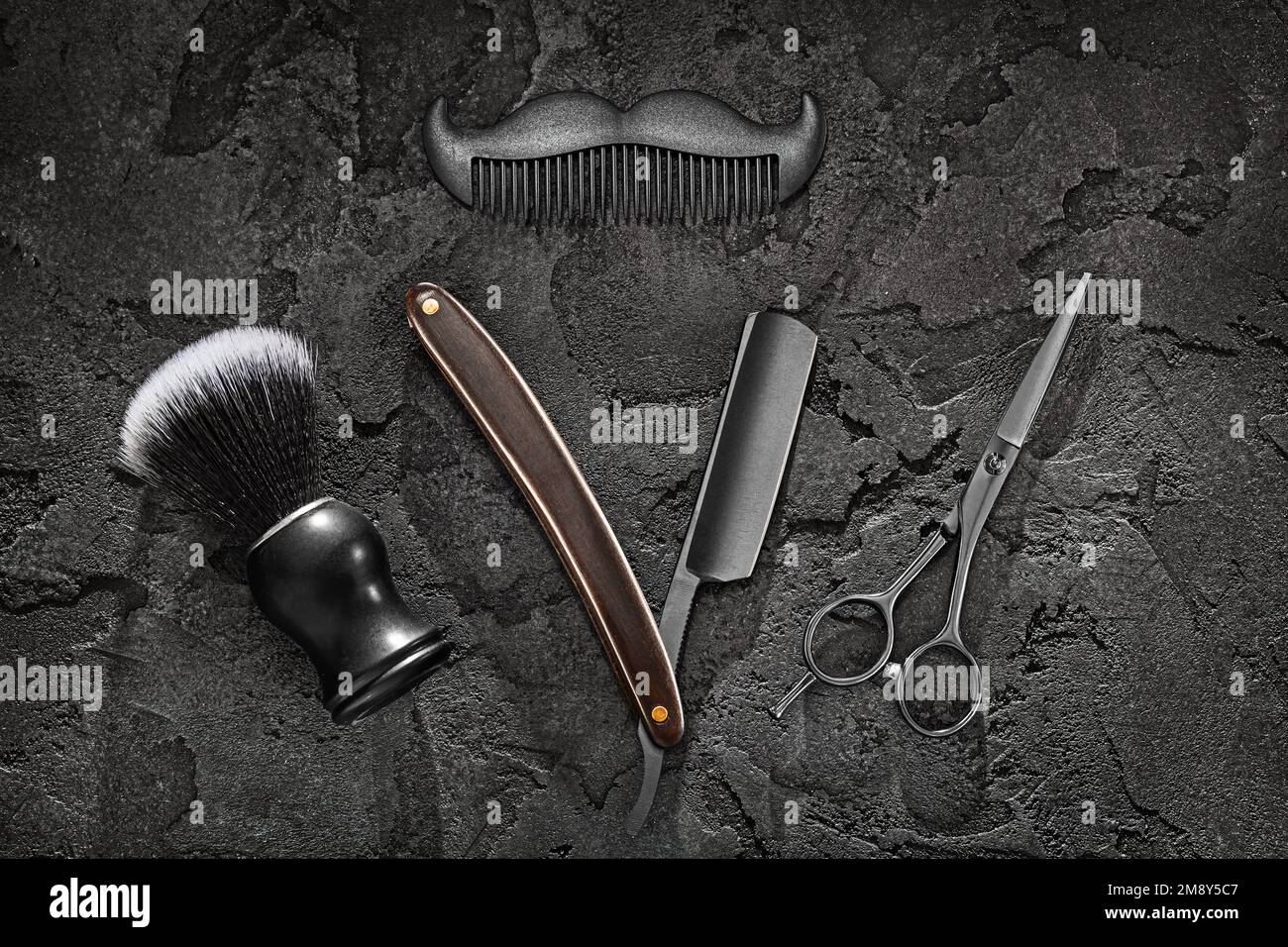 Black Barber Tools. Barber Shop. Shaving Brush Stright Razor Scissors ...