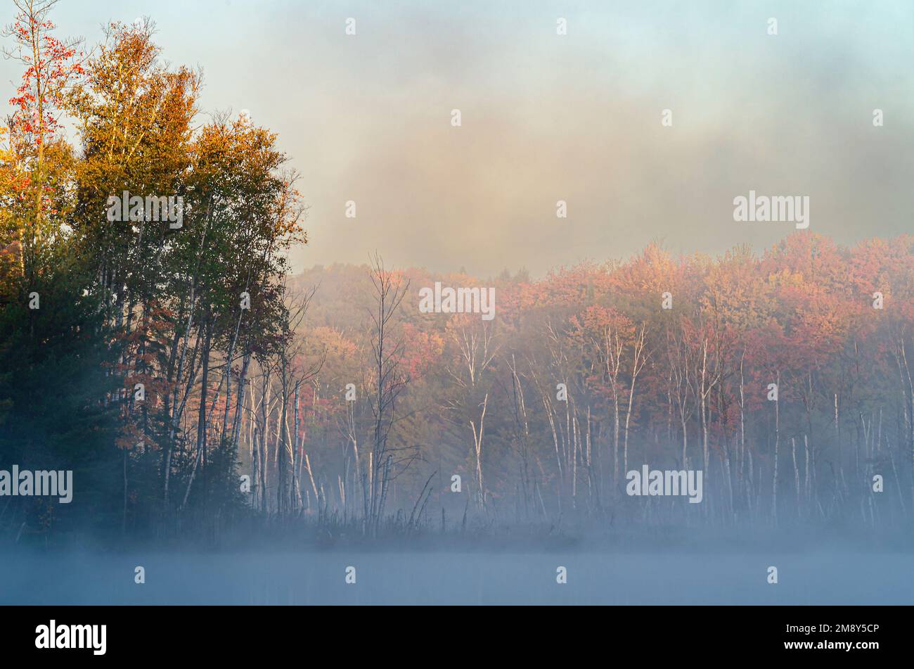 Fog and mist steams off the warmer water of a lake in the Hiawatha ...