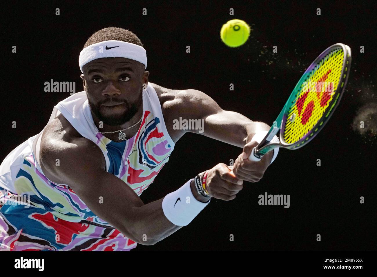 Frances Tiafoe of the U.S. plays a backhand return to Daniel Altmaier ...