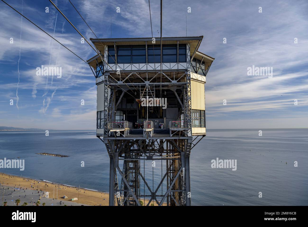 The Sant Sebastià tower seen from the port cable car on a winter ...