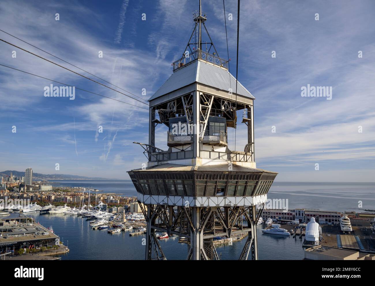 The tower of Jaume I seen from the port cable car on a winter morning ...