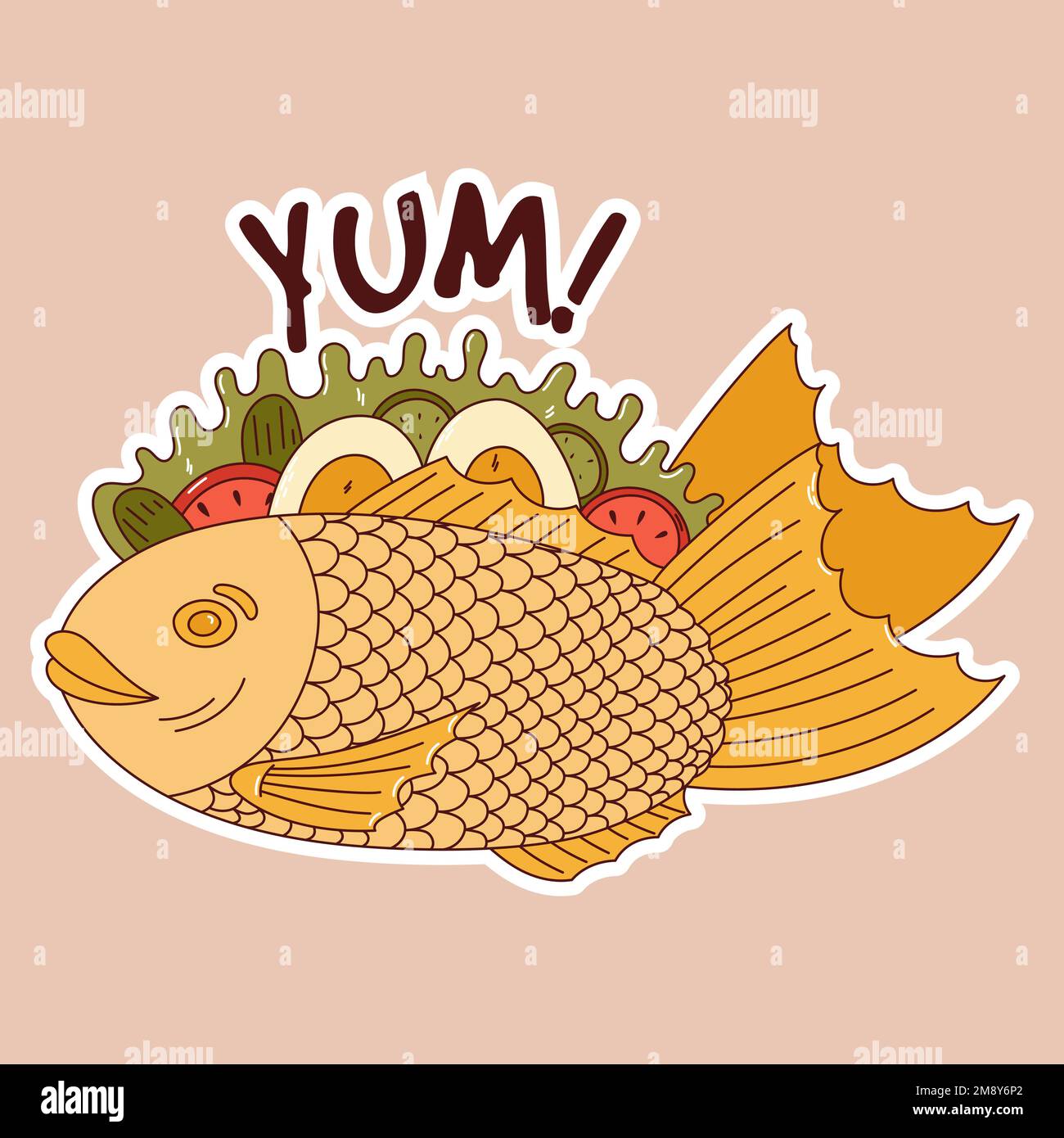 Traditional Japanese food. Asian Taiyaki sticker. Fish-shaped sandwich. Vector illistration ...