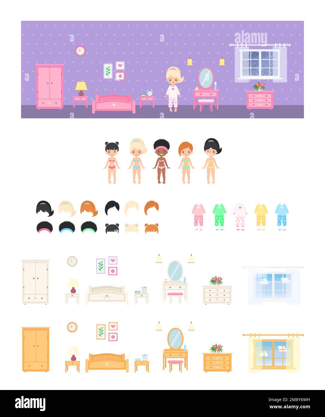 Cute chibi girl dressed in pajamas in bedroom. Create your interior ...