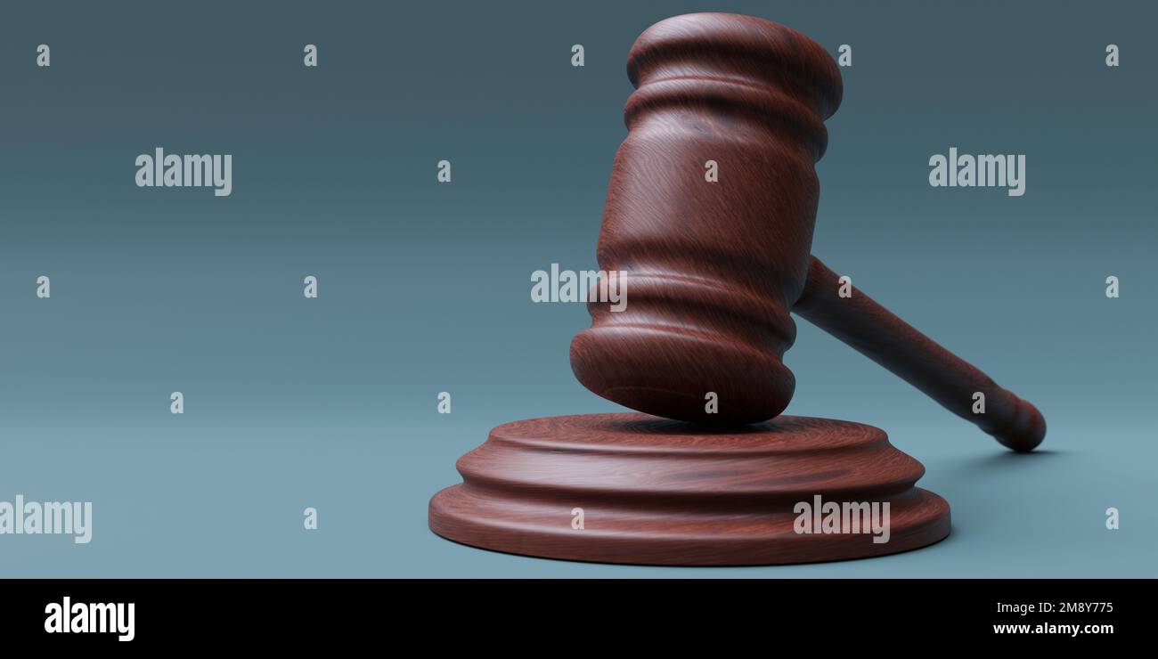 Wooden judge gavel on blue background. Brown color hammer, auction or ...