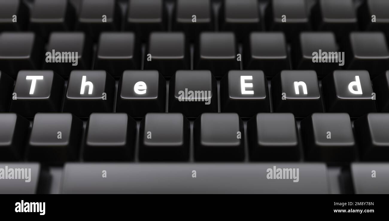 THE END white letter text on black computer laptop keyboard background ...