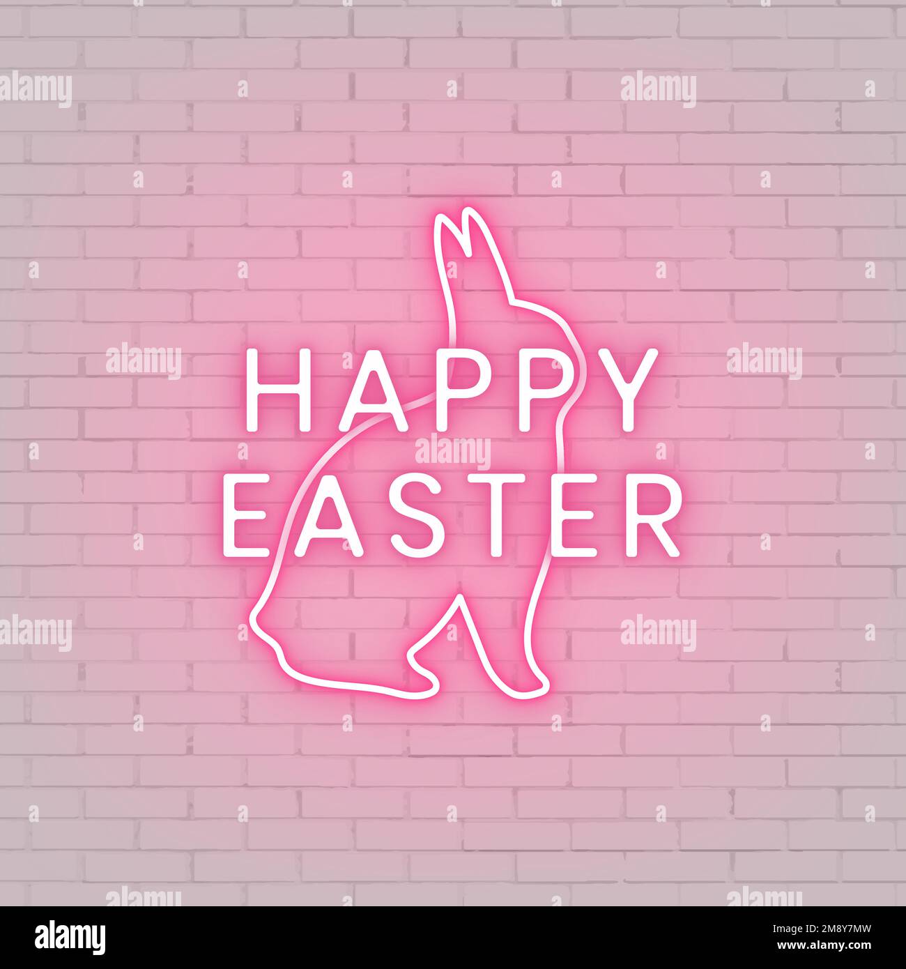 Pink happy Easter sign with bunny neon light on a white brick wall ...
