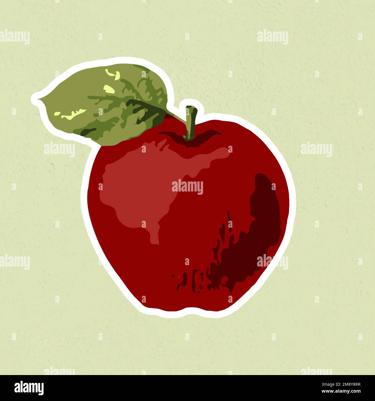 Vectorized red apple sticker with white border on a green background ...