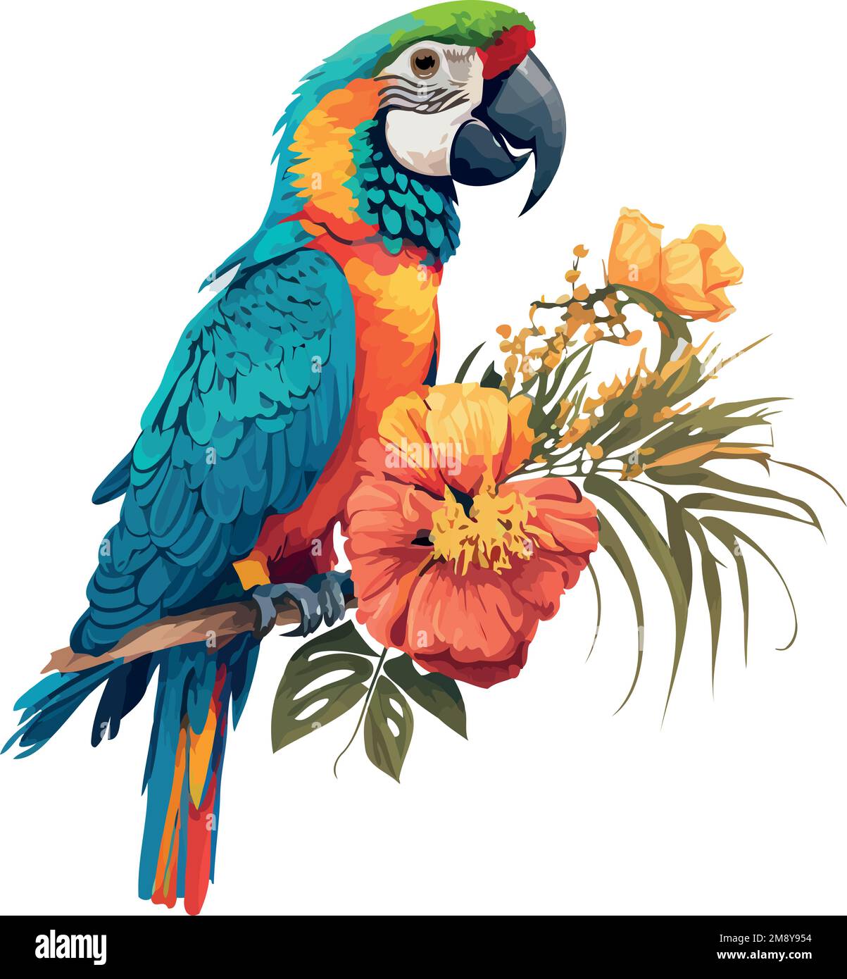 Vector illustration of macaw perched on a branch with a flower Stock ...