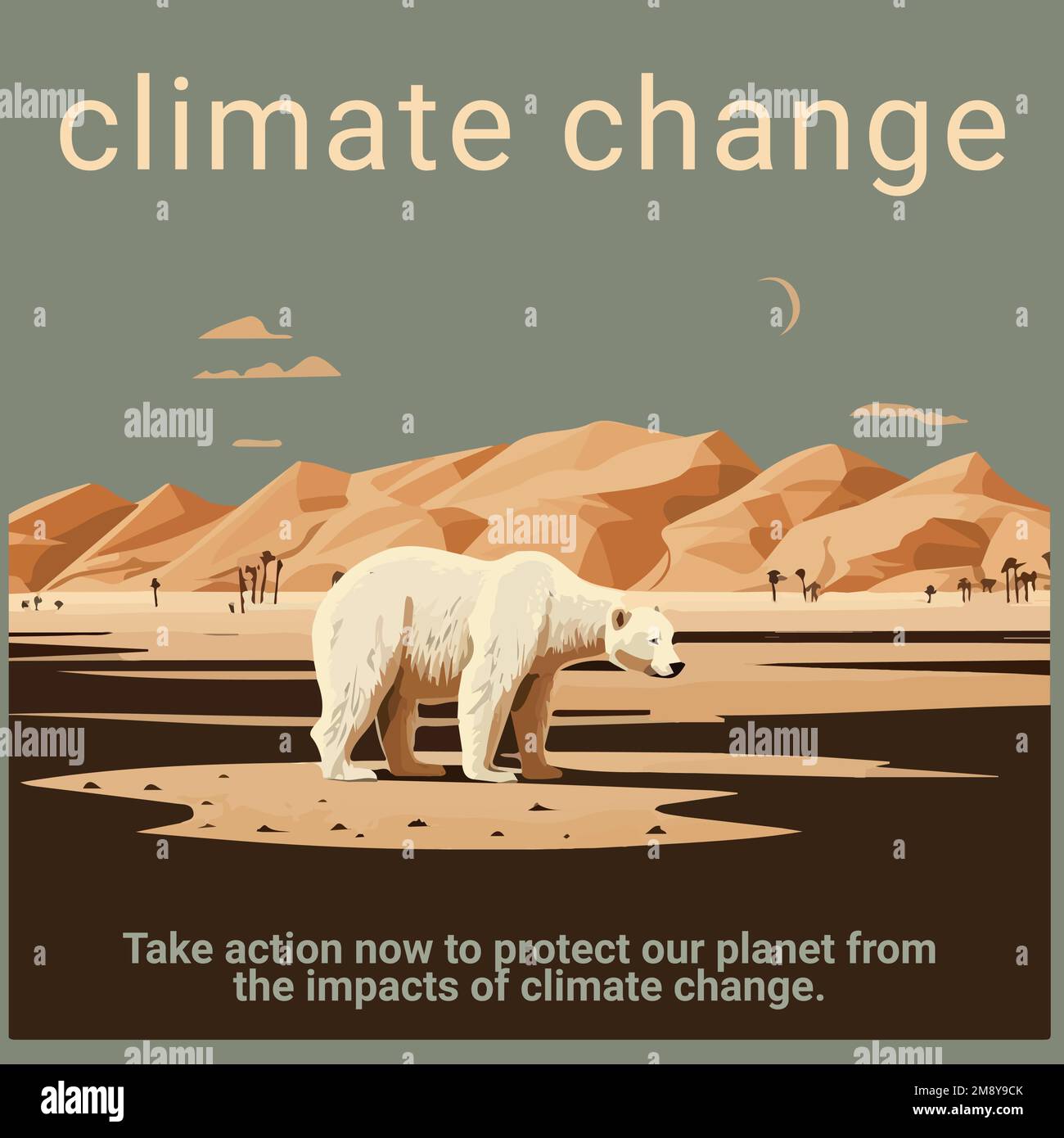 Climate change awareness card with illustration of a polar bear in the ...