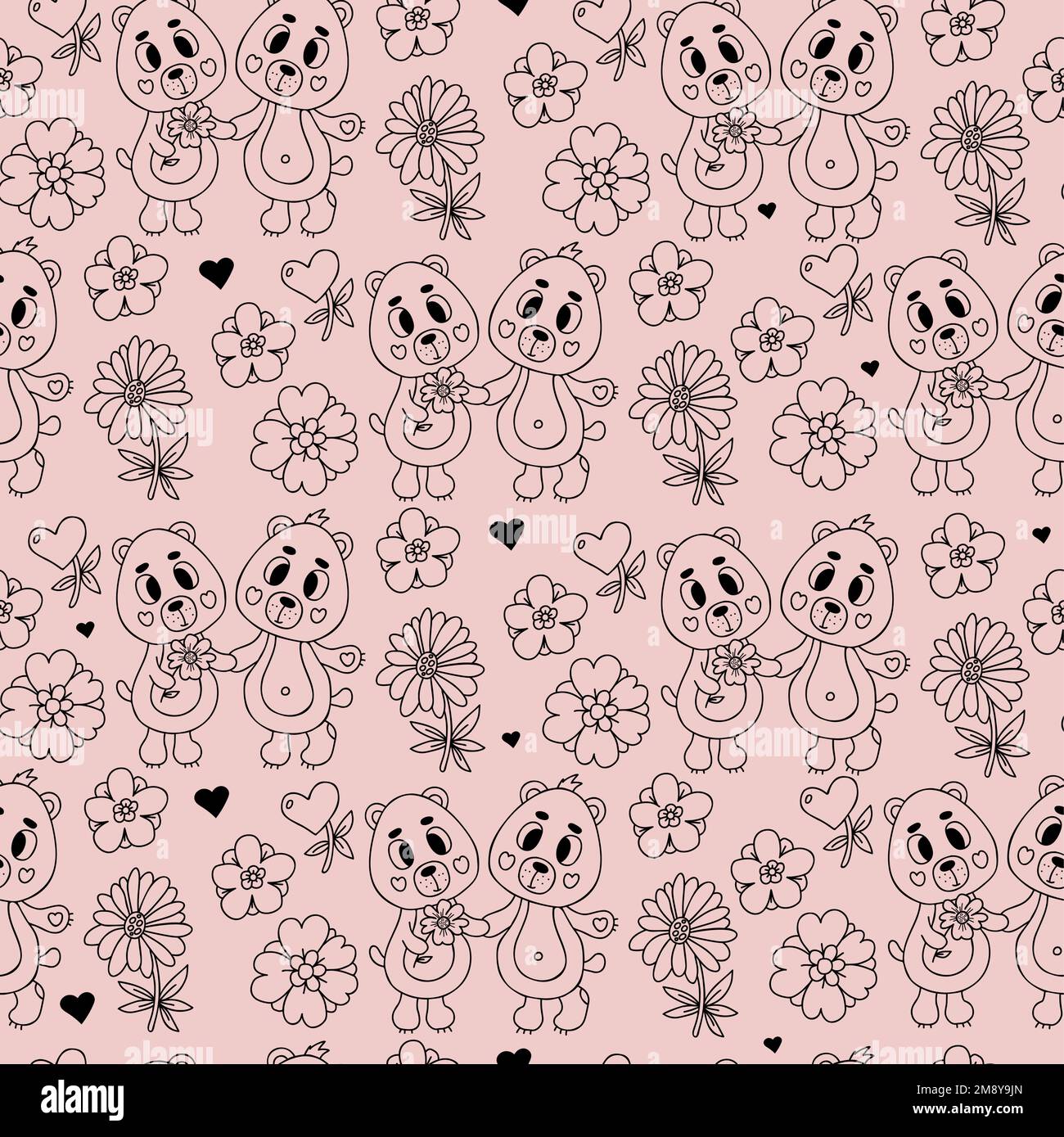 Romantic seamless pattern. Cute enamored bears with flowers on light ...
