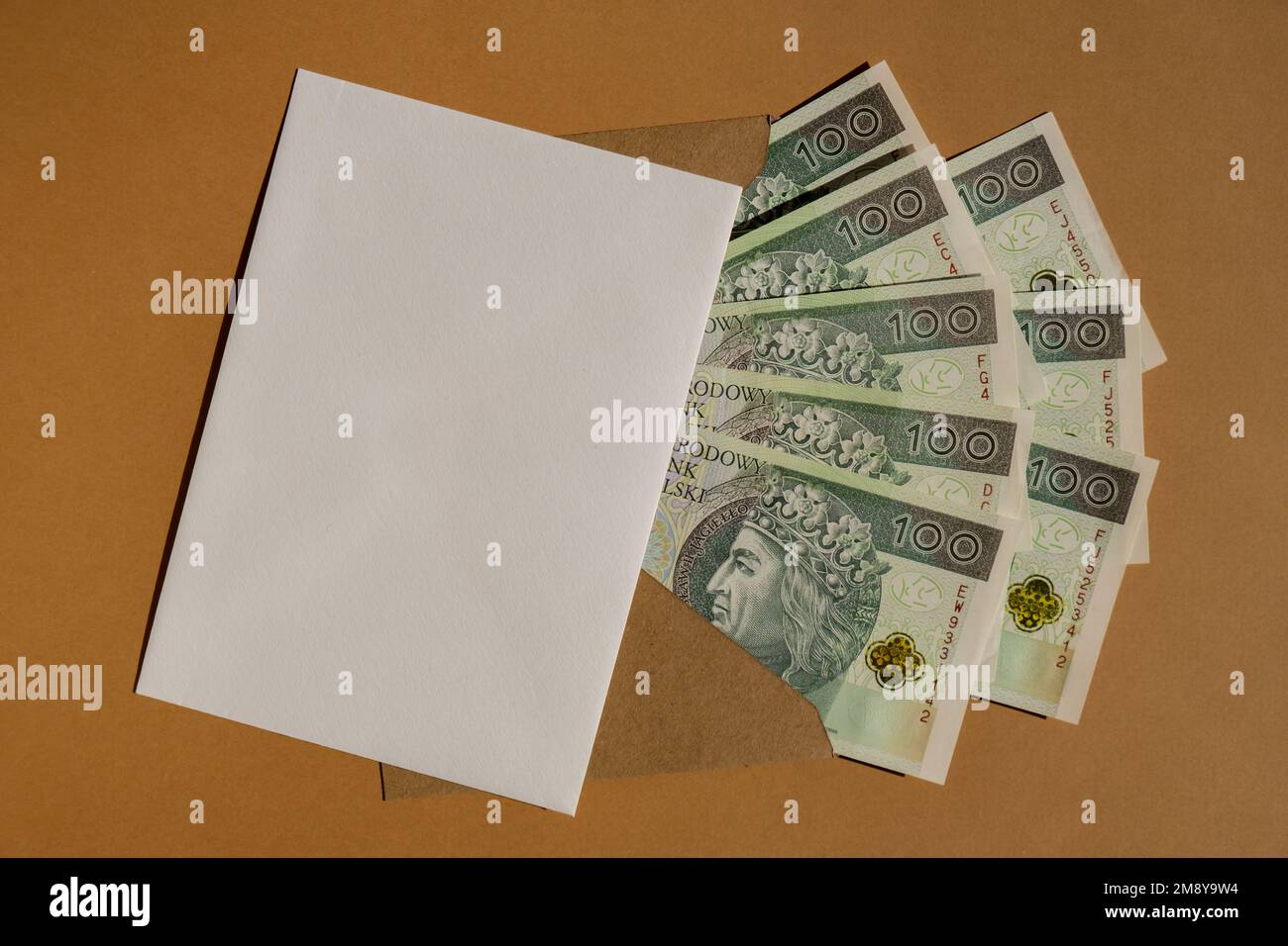 Polish zloty banknote saving money in envelope on beige background copy ...