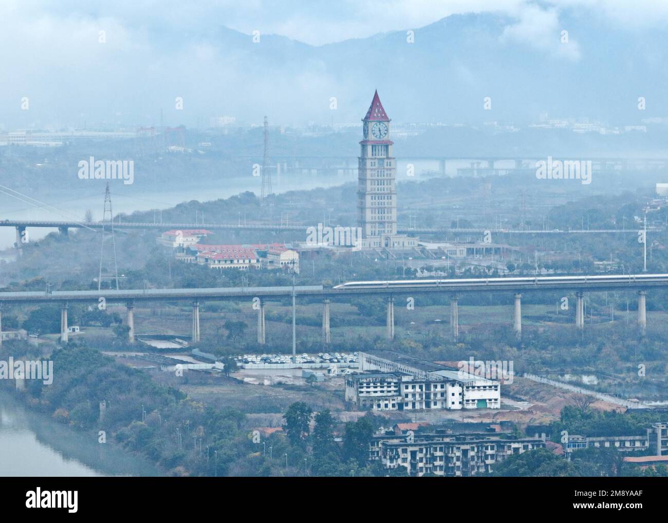 Aerial photo shows the high-speed train galloping on the Ganjiang Grand ...