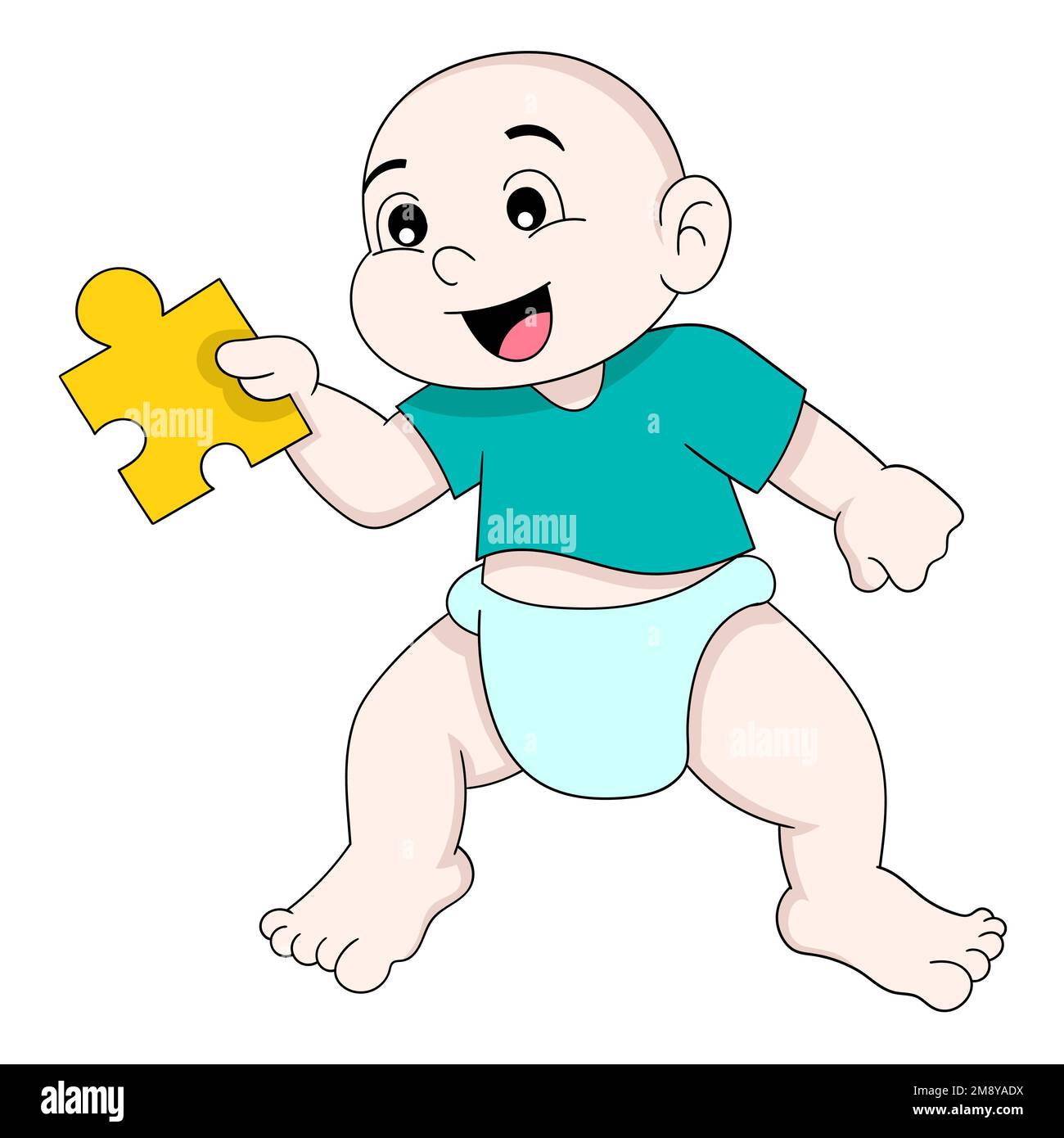 baby boy is doing funny behavior bringing puzzle piece solution. vector ...