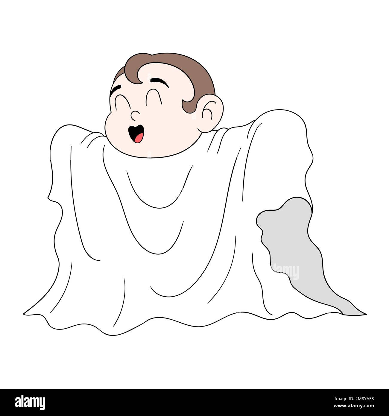 boy is happy wearing a white blanket costume to become a ghost. vector ...